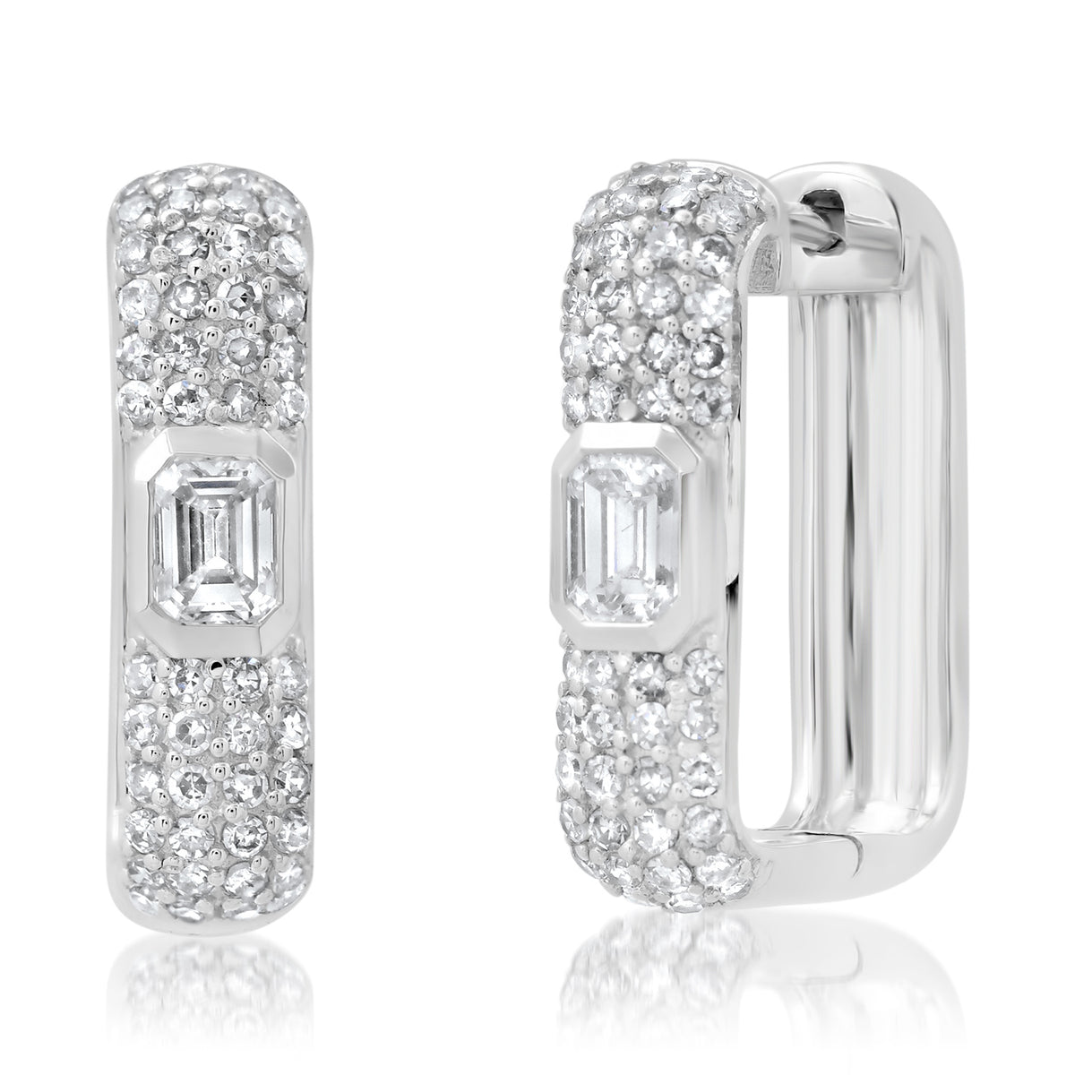 Rectangular Diamond Pave Huggies With Bezel Set Emerald Cut Diamond – Milestones by Ashleigh Bergman