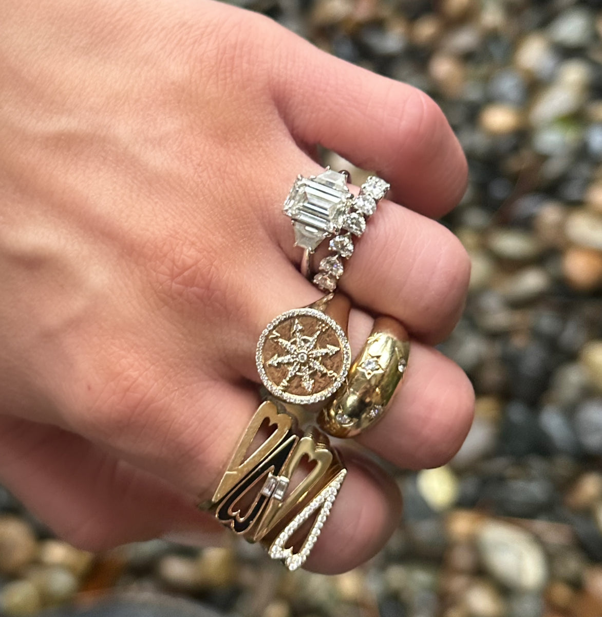 Exclusive MBAB x Helena Rose Enamel Baguette Diamond Heart Stacking Ri ...