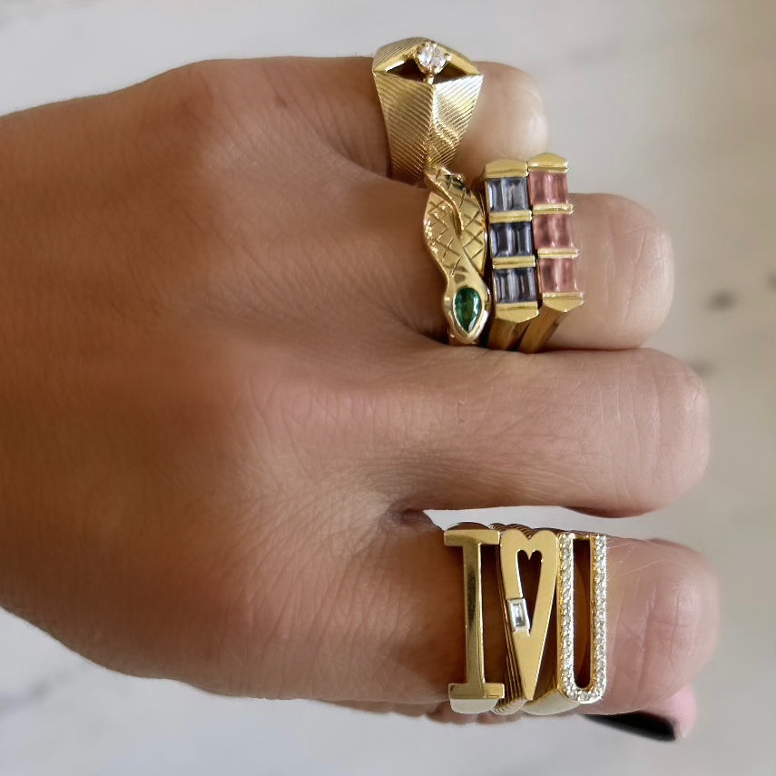 Exclusive MBAB x Helena Rose Ribbed Baguette Diamond Heart Stacking Ri ...